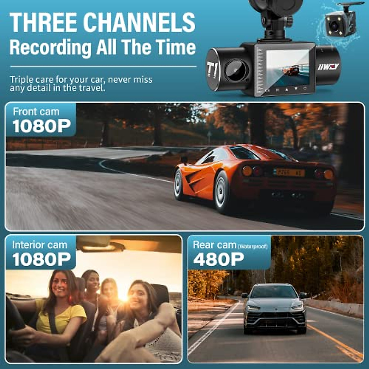 iiwey Dash Cam Front Rear and Inside 1080P Three Channels with IR Night Vision Car Camera SD Card Included Dashboard Camera Dashcam for Cars HDR Motion Detection and G-Sensor for Car, Taxi, Uber