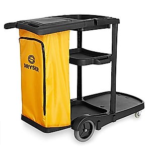 Dryser Commercial Janitorial Cleaning Cart on Wheels - Black Housekeeping Caddy with Cover, Shelves and Vinyl Bag