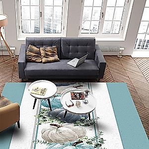 OComster Fall Thanksgiving Rectangle Shape Large Area Rugs - 2 x 3 Feet Blue Grey Pumpkin Eucalyptus Leaves Teal Striped - (Non-Woven + Rubber) Low File Floor Mat