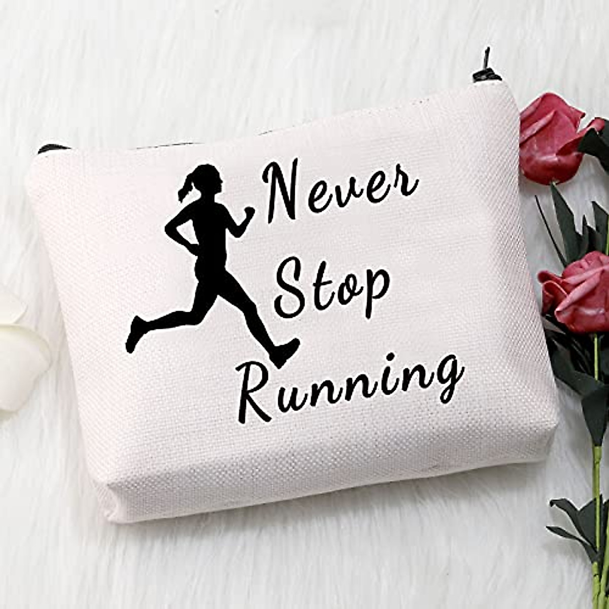 JNIAP Runner Make up Bag Never Stop Running Lover Cosmetic Pouch Zipper Canvas Bag Track Marathon Runner Gifts for Women (Running Bag)