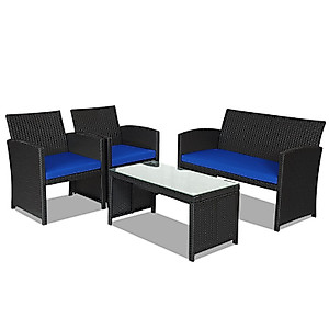 DORTALA 4 Pieces Patio Wicker Conversation Furniture Set, Outdoor Rattan Sofas with Bistro Sets with Coffee Table for Courtyard Balcony Wicker Chairs with Soft Cushion and Table, Navy
