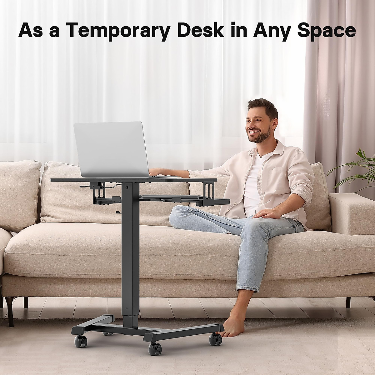 BONTEC Mobile Standing Desk with Keyboard Tray, Mobile Podium, Computer Workstation Up to 33Lbs, Laptop Sit or Stand Desk on Wheels, Height Adjustable Stand Up Table for Living Room, Bedroom, Office