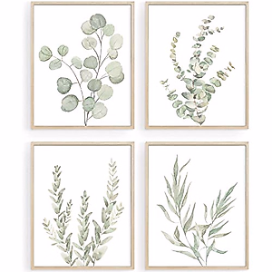 Howwii Botanical Boho Bathroom Decor Wall Art Prints, UNFRAMED Sage Green Plants Decor for Bedroom|Office, Minimalist Eucalyptus Leaves Watercolor Art Prints, Set of 4 Pictures, 8"x10" No Frames