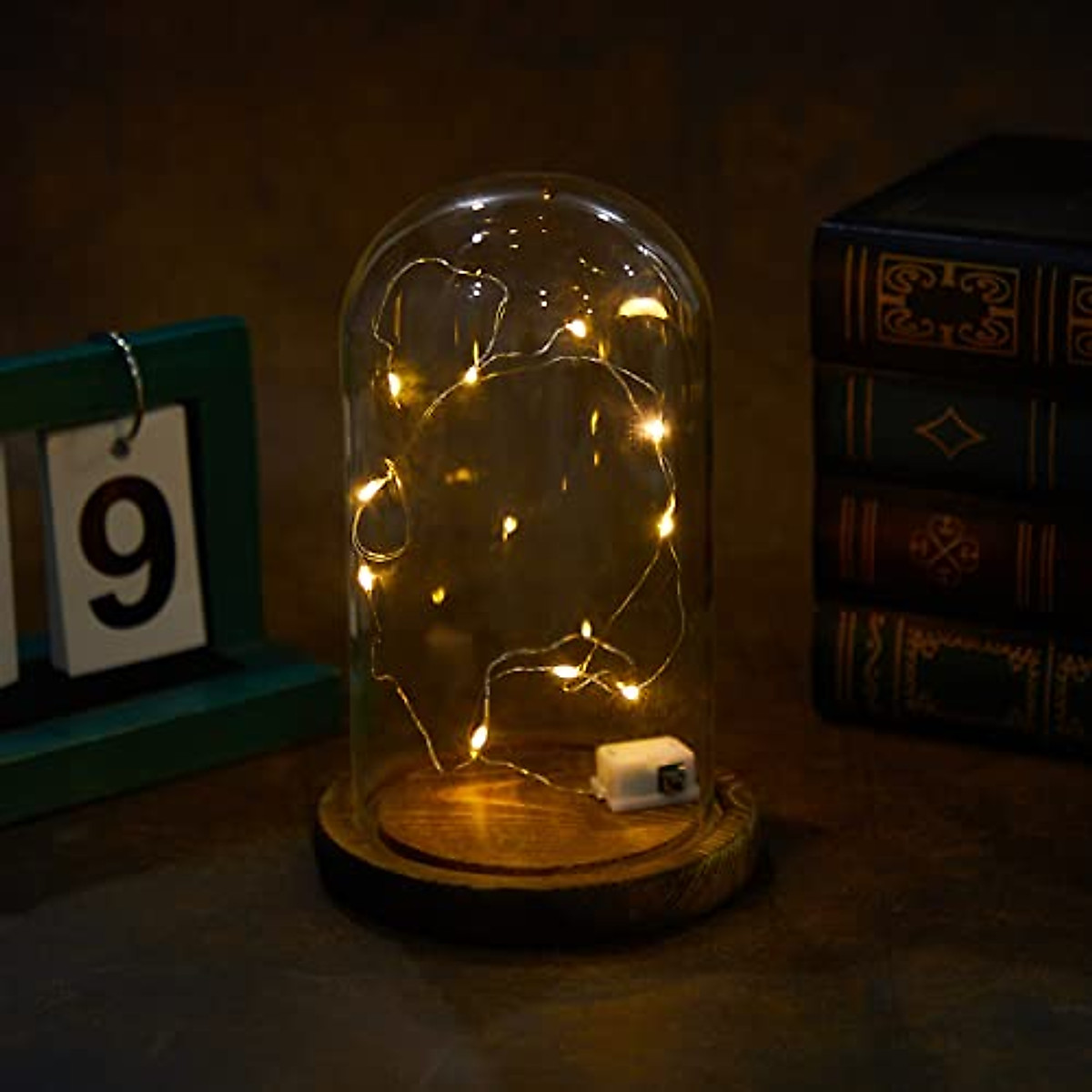 4 Pcs Clear Glass Dome Cloche with Led Fairy Light and Wood Base Set, Battery Operated Glass Cloche Glass Dome with Base Tabletop Bell Jar Display Case for Office Home Wedding Centerpiece (Coffee)