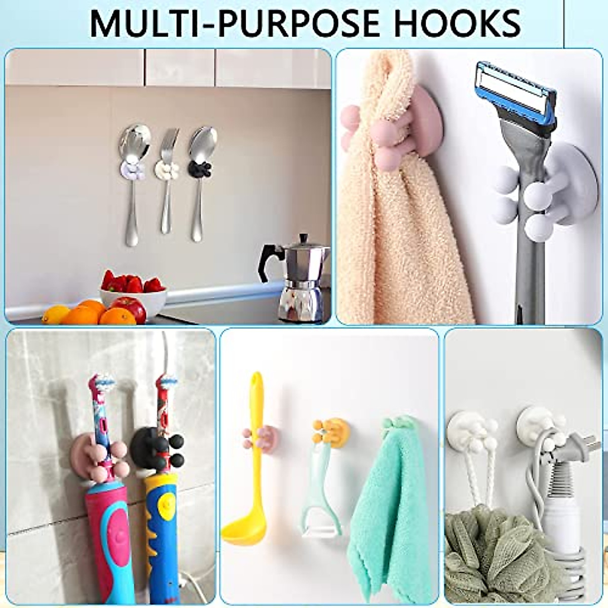 Ledeak 6 Pcs Self Adhesive Hooks Holders, Silicone Decoration Hooks Reusable Seamless Utility Hook, Functional Plug Cable Razor Utility Holders for Kitchen Bathroom Home Office