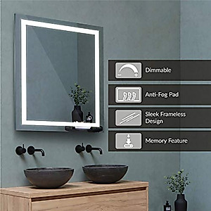 Homewerks 100160 30x36 inches LED Bathroom Mirror Wall Mounted Frameless Anti-Fog Dimmable Light 1600 Lumen Ultra Bright White 5000 Kelvin, Single Color