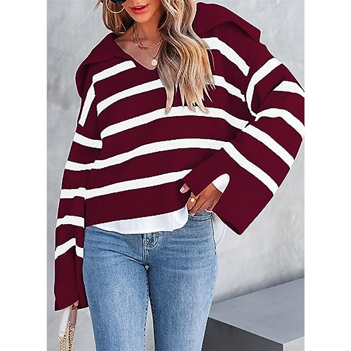 SHEWIN Womens Fashion Sexy V Neck Sweater Casual Bell Sleeve Cute Knit Tops Lapel Collar Winter Clothes for Women 2023 Biking Red Large
