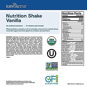 KATE FARMS Organic Nutrition Shake, Vanilla, 16g protein, 27 Vitamins and Minerals, Protein Meal Replacement Drink, Plant Based, 11 oz (6 Pack)