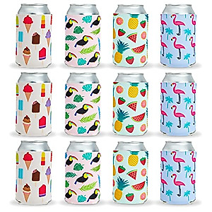 12-Pack Tropical Neoprene Can Cooler Sleeves for Beer, Soft Drinks, Water Bottles, Soda Covers for Bridal Shower, Bachelorette, Beach, Luau, Pool Parties, 4 Summer-Themed Designs (12 Oz)