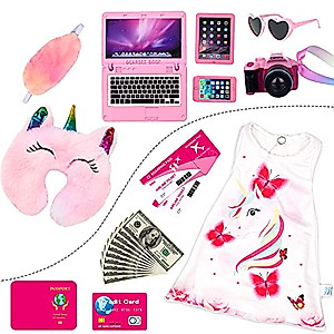 BDDOLL 18 Inch Girl Doll Clothes Accessories Travel Play Set Including Suitcase Luggage, Unicorn Dress, Sunglasses, Camera, Computer, Phone, Ipad,Travel Pillow fit 18 Inch Doll
