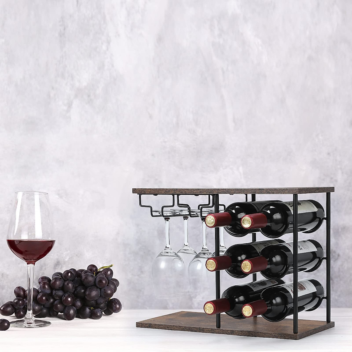 MOOACE Countertop Wine Rack, Hold 6 Wine Bottles and 4 Glasses Rack, Freestanding Wine Rack for Home, Kitchen, Bar Table, Wine Cellar, Cabinet