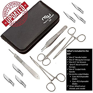 Sterile Sutures Thread with Needle Plus Tools - First Aid Field Emergency, Trauma Practice Suture Kit; Taxidermy; Medical, Nursing and Vet Students (16 Mixed 0, 2/0, 3/0, 4/0 with 12 Instruments) 28PK