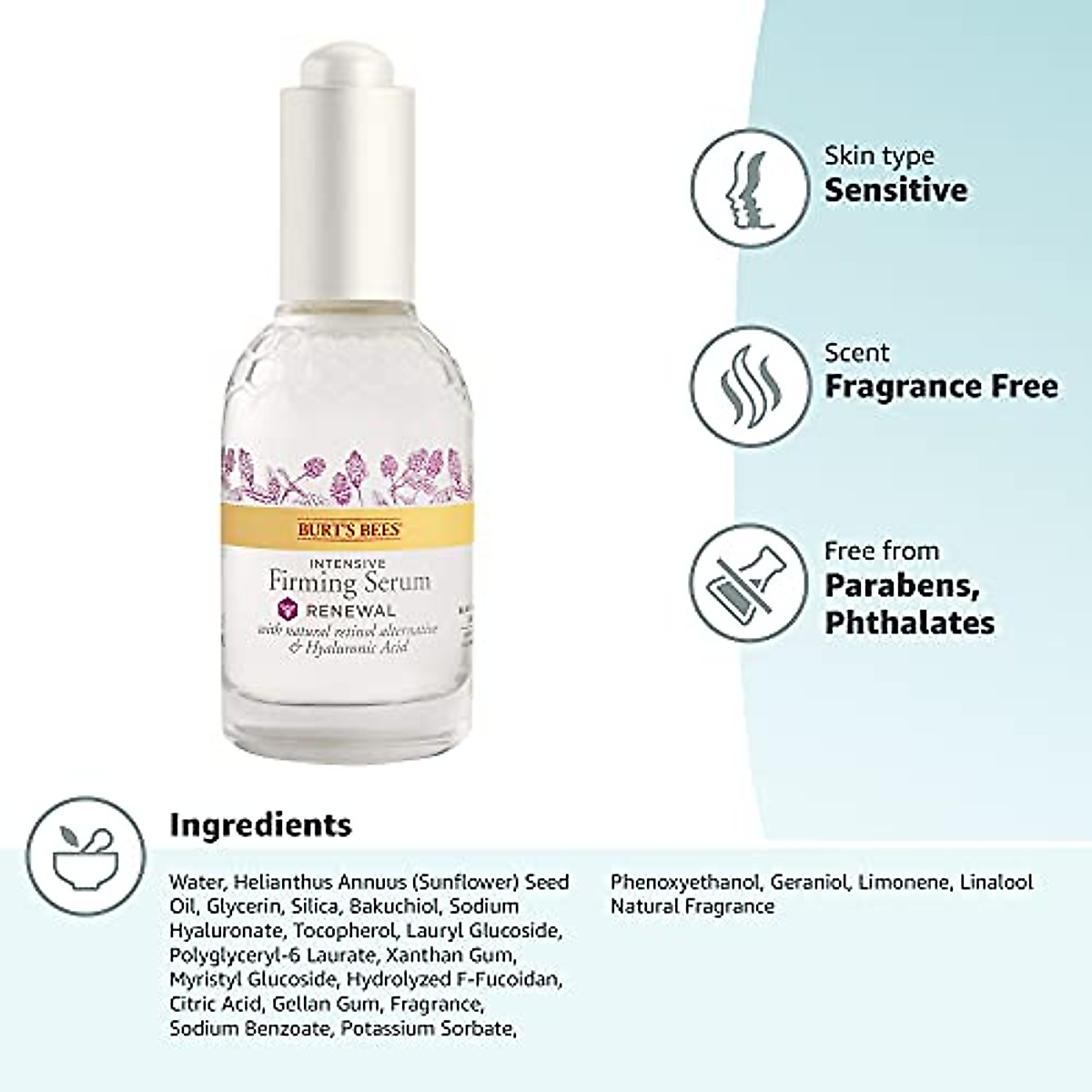 Face Serum, Burt's Bees Retinol Alternative, Facial Care with Hyaluronic Acid, Intensive Firming Skin Care, 1 Ounce