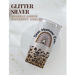 Onebttl Mamaw Gifts from Granddaughter, Grandson, Insulated Stainless Steel Wine Tumbler with Lid and Straw, for Grandma on Mother's Day, Birthday, Christmas, Best Mamaw Ever, Glitter Silver, 20 oz