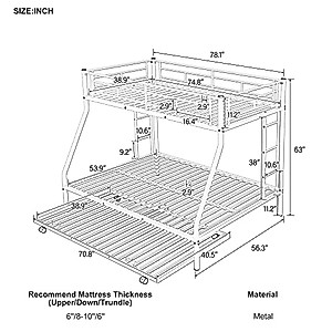 Merax Twin Over Full Triple Bunk Bed with Trundle:Triple Bunk Beds, Sturdy Steel Bunk Beds Frame for 3 Kids/Teens with Two Side Ladders and Safety Guard Rail,Black