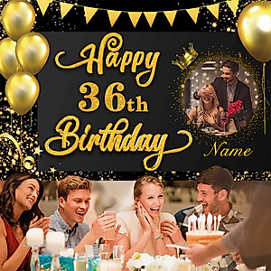 Custom Happy 36th Birthday Decorations Banner -36 Years Old Birthday Decorations Backdrop for Women Men Boys Girls - Personalization Happy 36th Birthday Party Decorations Supplies - Black and Gold