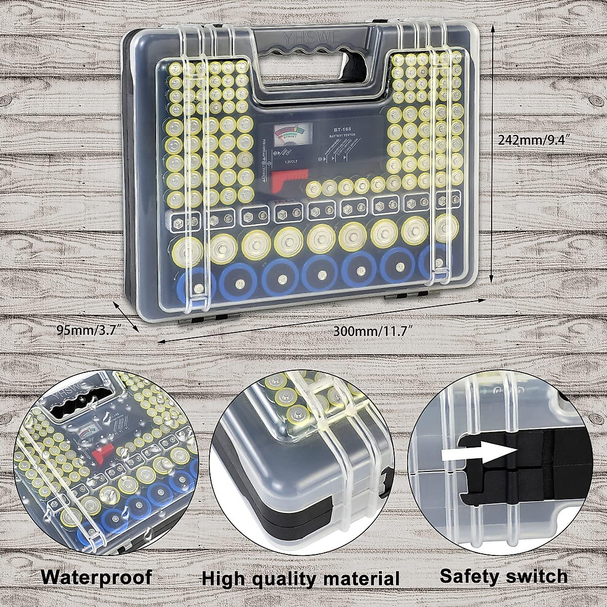 yohosa Batteries Organizer Storage Box with Tester,Clear Batteries Holder Case Portable Holds 230 Battary for AA AAA C D 9V 23A CR123(No Batteries)(Black)