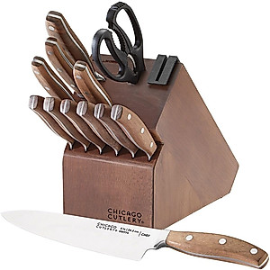 Chicago Cutlery Signature Edge Steel 13-Piece Kitchen Knife Block Set With Wooden Block & Built-In Sharpener, Ergonomic Handles and Stainless Steel Professional Chef Knife Set & Scissors in Walnut