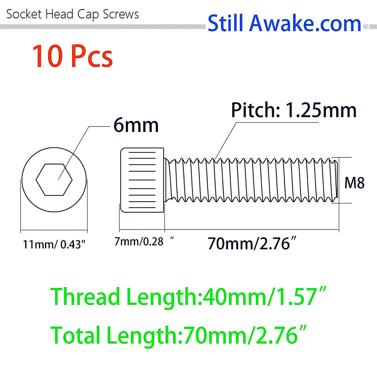 10 Pcs M8-1.25x70mm Stainless Steel Hex Socket Head Cap Screws Bolts Inner Hex Socket Bolt DIN 912