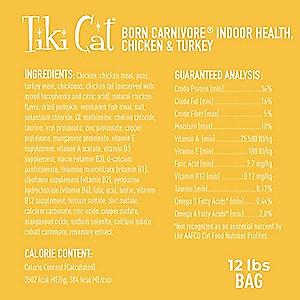 Tiki Cat Born Carnivore Indoor Health, Chicken & Turkey Meal, Grain-Free Baked Kibble to Maximize Nutrients, Dry Cat Food, 12 lbs. Bag