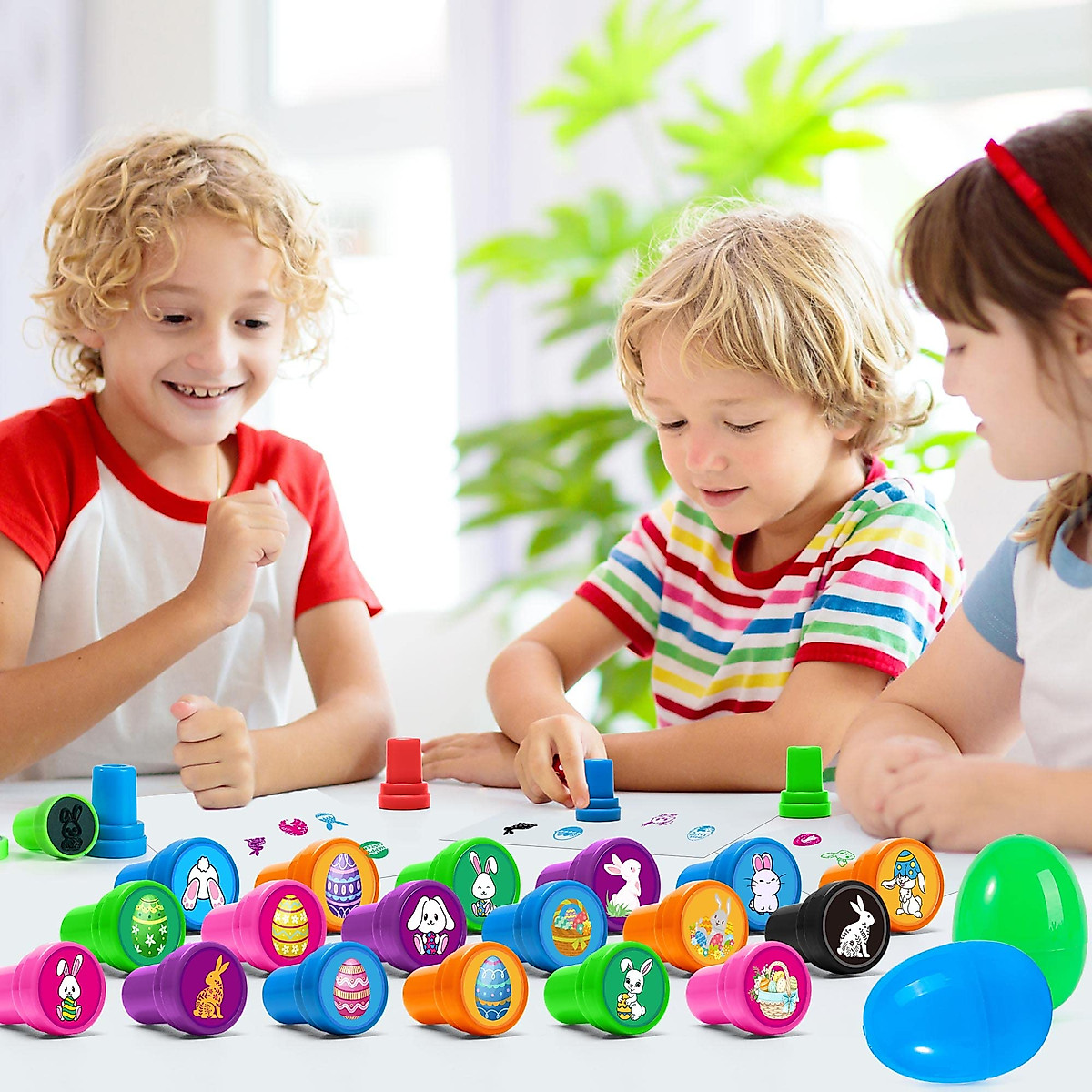 24PCS Easter Eggs + Stampers Egg Fillers, Basket Stuffers Plastic Surprise Perfect Hunt Party Favors Classroom Prize Supplies for Kids Boys Girls