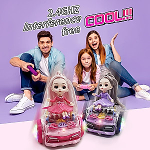 QUN XING Pink Remote Control CAR for Girls 2.4G Lights up Music Spinning Gear Toys with Doll rc Cars for 4,5,6 Year Old Girls Kids, Xmas Birthday Gifts