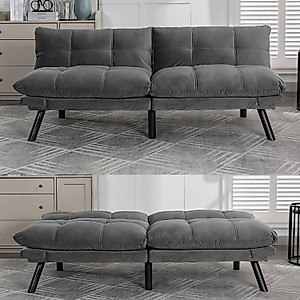 Modern Velvet Convertible Folding Futon Couch Sofa Bed Adjustable Pillow Top Arm Memory Foam Couch Double Loveseat Sofa for Compact Living Space,Dorm,Game Studio,Apartment,Bedroom (Light Grey)