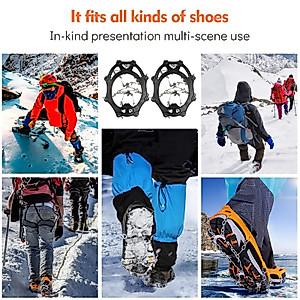 Sfee Ice Snow Grips Crampons Traction Cleats,19 Stainless Steel Spikes for Women Men Kids, Anti Slip Flexible Shoe/Boot Footwear for Walking Climbing Hiking Fishing Outdoor(Black,L(US:8-11))