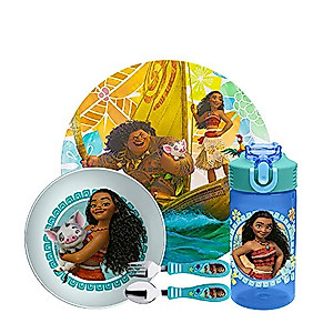 Zak Designs Moana Dinnerware Set Includes Plate, Bowl, Water Bottle, and Utensil Tableware, Made of Durable Material and Perfect for Kids (Moana and Maui, 5 Piece Set, BPA Free)
