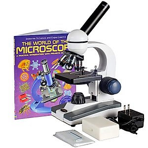 AmScope M150C-PS25-WM Compound Monocular Microscope, WF10x and WF25x Eyepieces, 40x-1000x Magnification, LED Illumination, Brightfield, Single-Lens Condenser, Coaxial Coarse and Fine Focus, Plain Stage, 110V, Includes Set of 25 Prepared Slides and Book