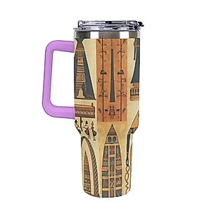 LLUTSNTH 40 Oz Vacuum Tumbler with Violet Handle Leakproof Insulated Tumbler Ancient Egypt Tribe Series Stainless Steel Travel Mug with Lid And Straw Coffee Cup Cute Water Bottles Cup Holder Friendly