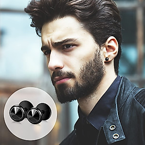 ONESING 12 Pairs Faux Gauge Earrings for Men Black Stud Earrings Silver Mens Earrings Faux Plugs Stainless Steel Earrings Set with Gift Box