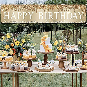 Gold White Happy Birthday Banner Decorations for Women Girls, Gold Glitter Birthday Yard Banner Sign Party Supplies, 16th 18th 21st 30th 40th 50th 60th Birthday Theme Decor for Outdoor Indoor