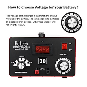 Beleeb Adjustable Battery Charger 12V 24V 36V 48V 60V 72V Smart LCD Display Pulse Repair Desulfator Cable Clamps Automotive Maintainer for Golf Cart Mower Boats, PWCs Truck RV ATV SUV