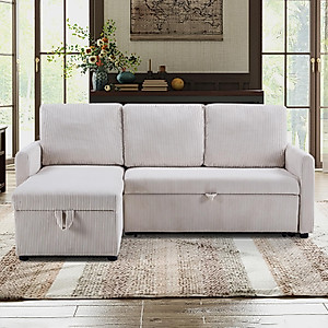 EBELLO 3 in 1 Convertible Sleeper Sofa Bed, Soft Corduroy L-Shaped Couches for Living Room, Small Pull Out Sectional Futon Sofa Bed with Storage Chaise and 2 Pillows, for Small Space Apartment, Beige