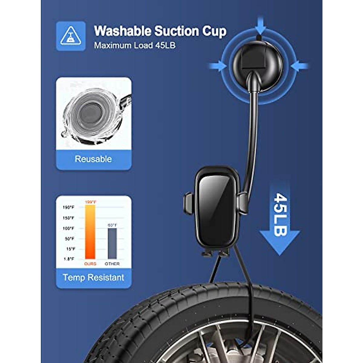 Cezuly Phone Mount for Car [Anti-Shake Stabilizer], 7.5" Gooseneck Windshield & Dashboard Car Phone Holder Mount, [Strong Suction Cup] Long Arm Cell Phone Holder Car Compatible with 4-7" Phones