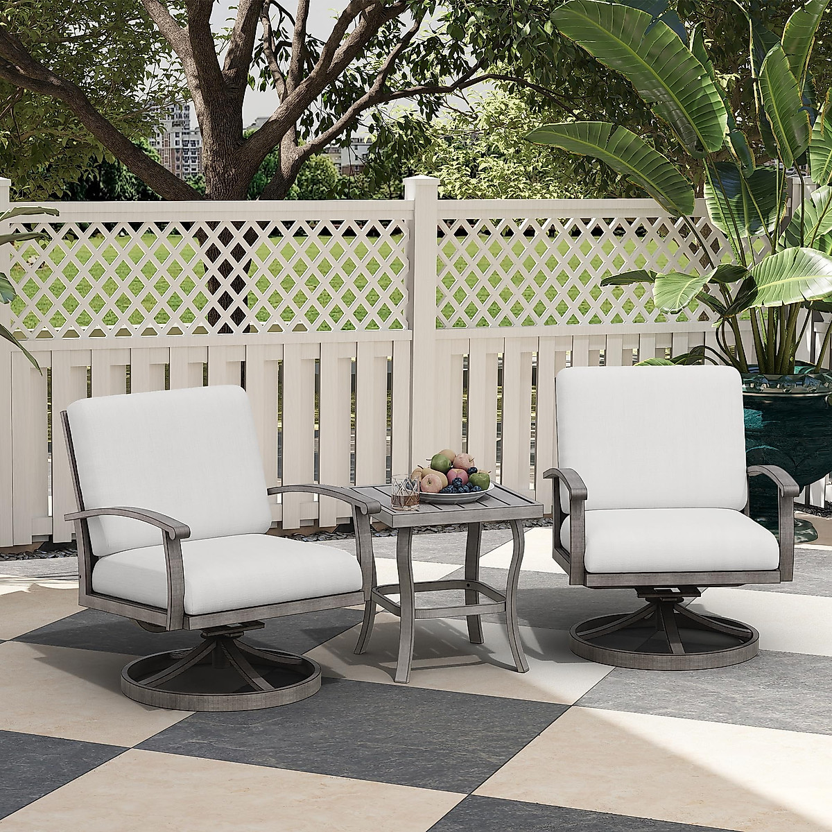 LUXIJOY 3-Piece Patio Bistro Sets, Patio Aluminum Conversation Furniture Set with Deep Seating Cushion,Swivel Chairs Set of 2 with Side Table, All-Weather Outdoor Furniture Set for Yard Pool Lawn,Grey