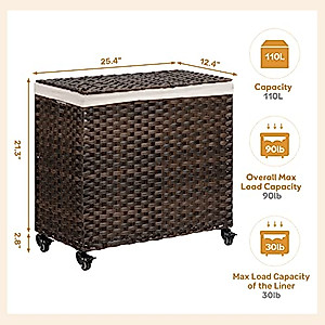 ALIMORDEN Wicker Laundry Hamper with Lid and Wheels 110L Clothes Laundry Basket with Removable Liner Bags Large Hampers for Laundry Organizer 3 Sections for Bedroom Closet Laundry Room Bathroom Brown