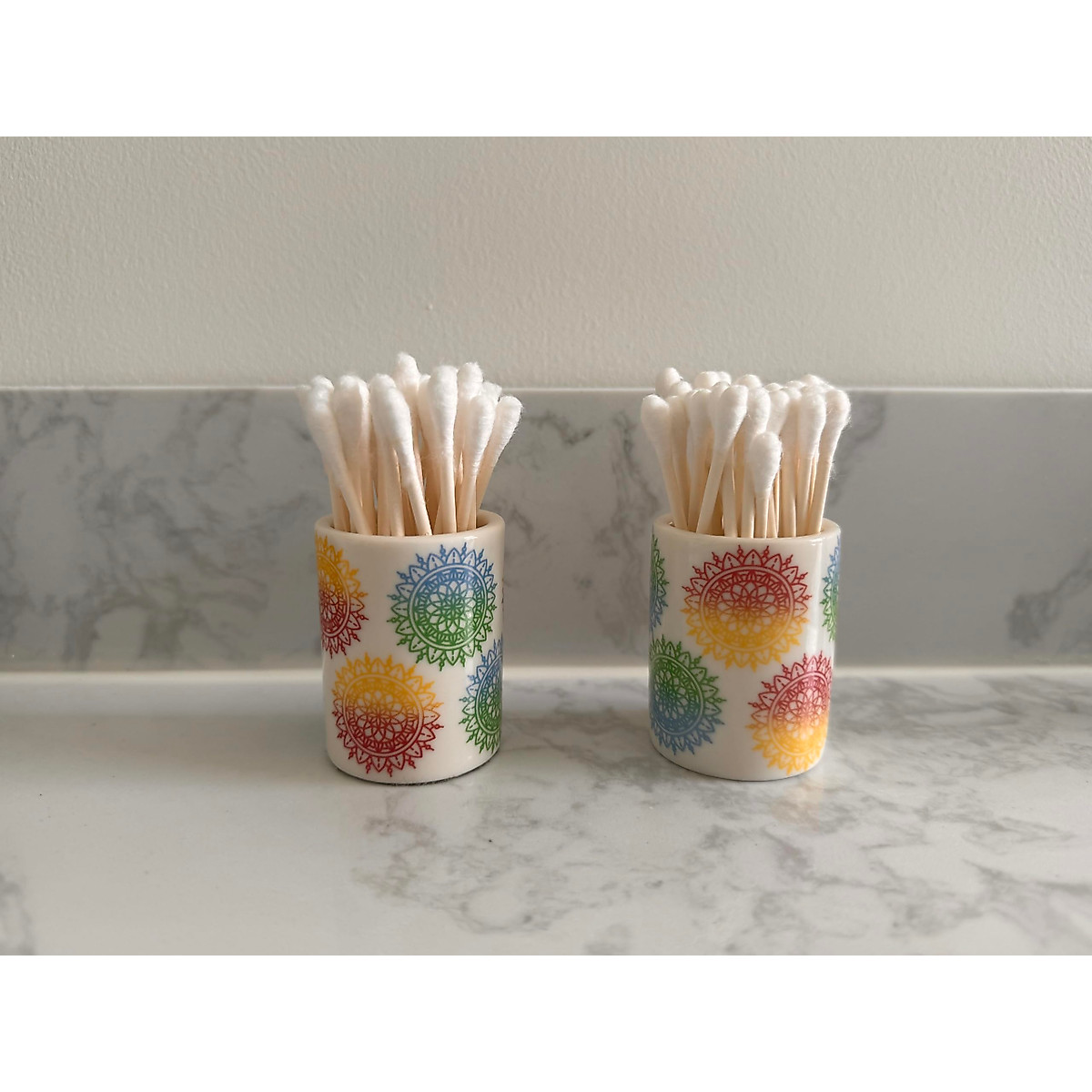 Home Haven Qtip Holder - Boho Mandelas Design - Q Tip Holder for Bathroom, Floss Pick Holder, Cotton Swab Holder, Bathroom Sink Decor, Flosser Holder, Bathroom Vanity Decor, Cute Bathroom Decor