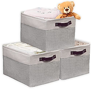 Simple Houseware 3 Pack Grey Fabric Storage Bin with Leather Like Handles