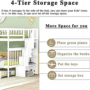 CITYLIGHT Full Over Full Bunk Bed for Adults Kids Teens, Full Over Full Bunk Beds with Trundle,Detachable Wood Full Bunk Bed with Staircase and Bookcase,White