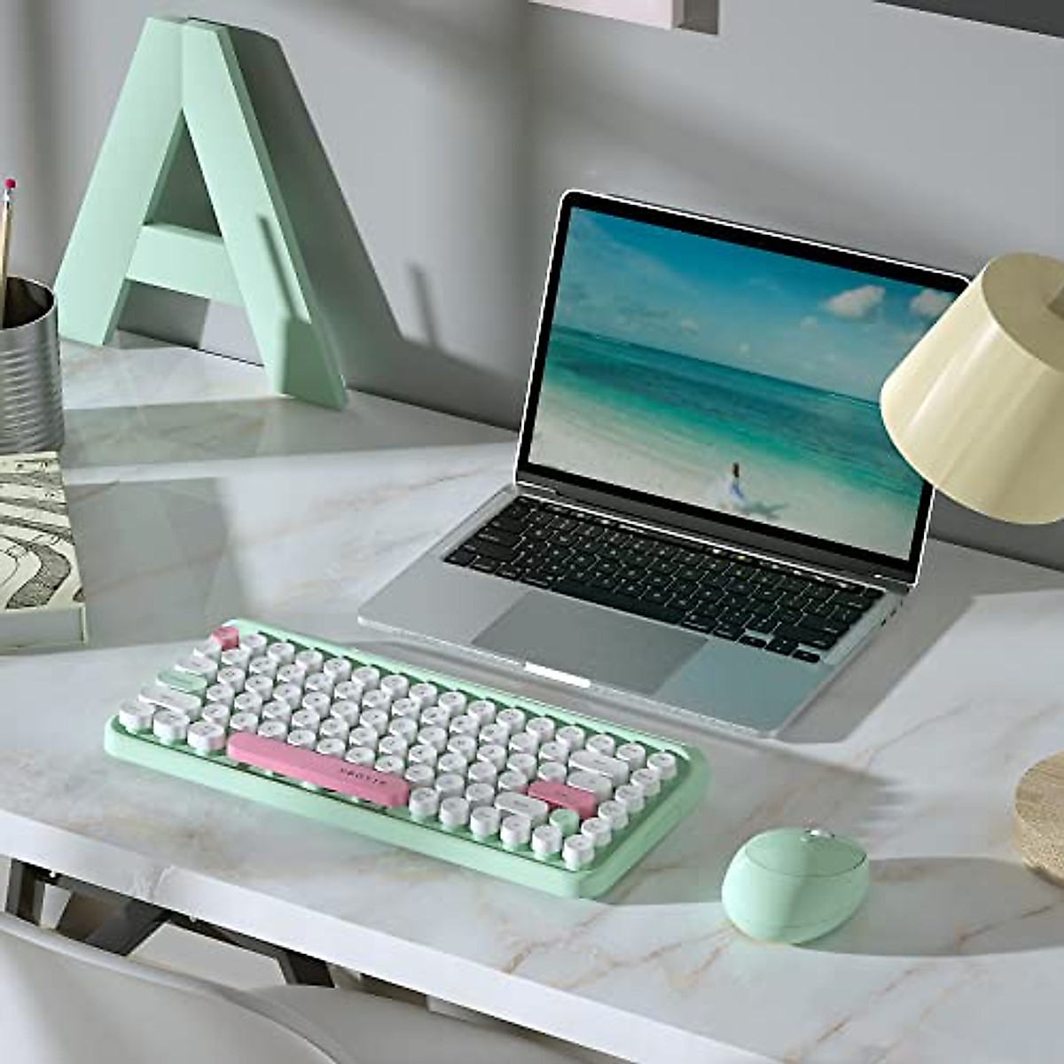 UBOTIE 84Keys Colorful Wireless Computer Keyboards and Mice Combos, Mini Compact Retro Typewriter Design Laptop Keyboards with 2.4GHz USB Nano (Green)