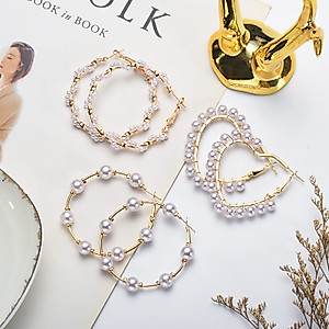 Adoshine Faux Pearl Hoop Earrings for Women Lightweight Open Large Circle Heart Dangle Drop Open Huge Earrings Artificial Pearl Beaded Earrings Brides Jewelry (9 Pairs)