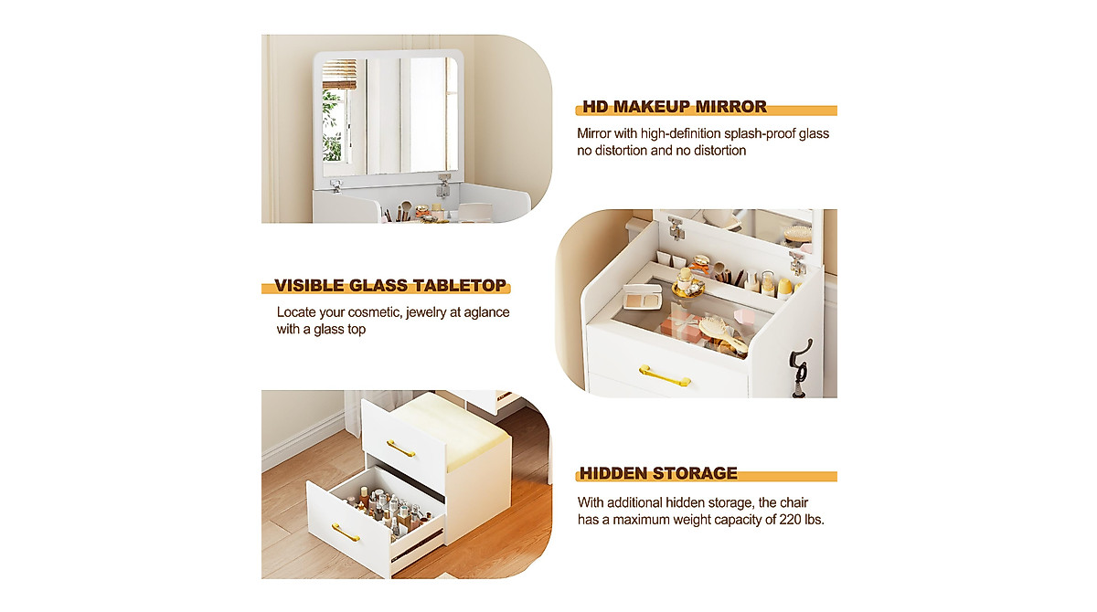 JDPAG 3-in-1 Vanity Desk with Flip Mirror - Space-Saving Makeup ...