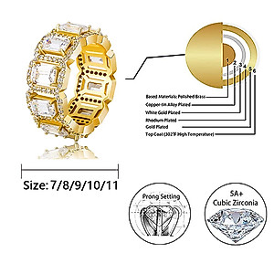 Apzzic Square Diamond Rings Iced Out Cubic Zirconia Micro Pave Hip Hop Fashion Wedding Eternity Band Ring for Men Women Gold 7