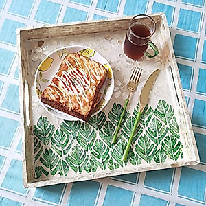 14 Inch Green Beige Mother of Pearl Tray, Large Lacquer Serving Tray with Handles and 2 Inch Wall, Square Shell Ottoman Coffee Table Tray, Decorative Bone Inlay Tray for Food, Accent, S, I-lan (35cm)