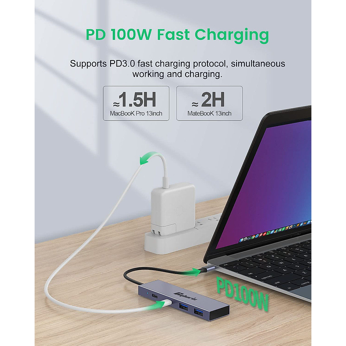 USB C Hub, 4 Port 10Gbps USB C to USB Adapter USB 3.1 Hub GEN2, USB C Splitter Thunderbolt 3 Compatible, PD100W Powered USB C Hub, USB-C Hub for Laptop, Mobile, Tablet, PC