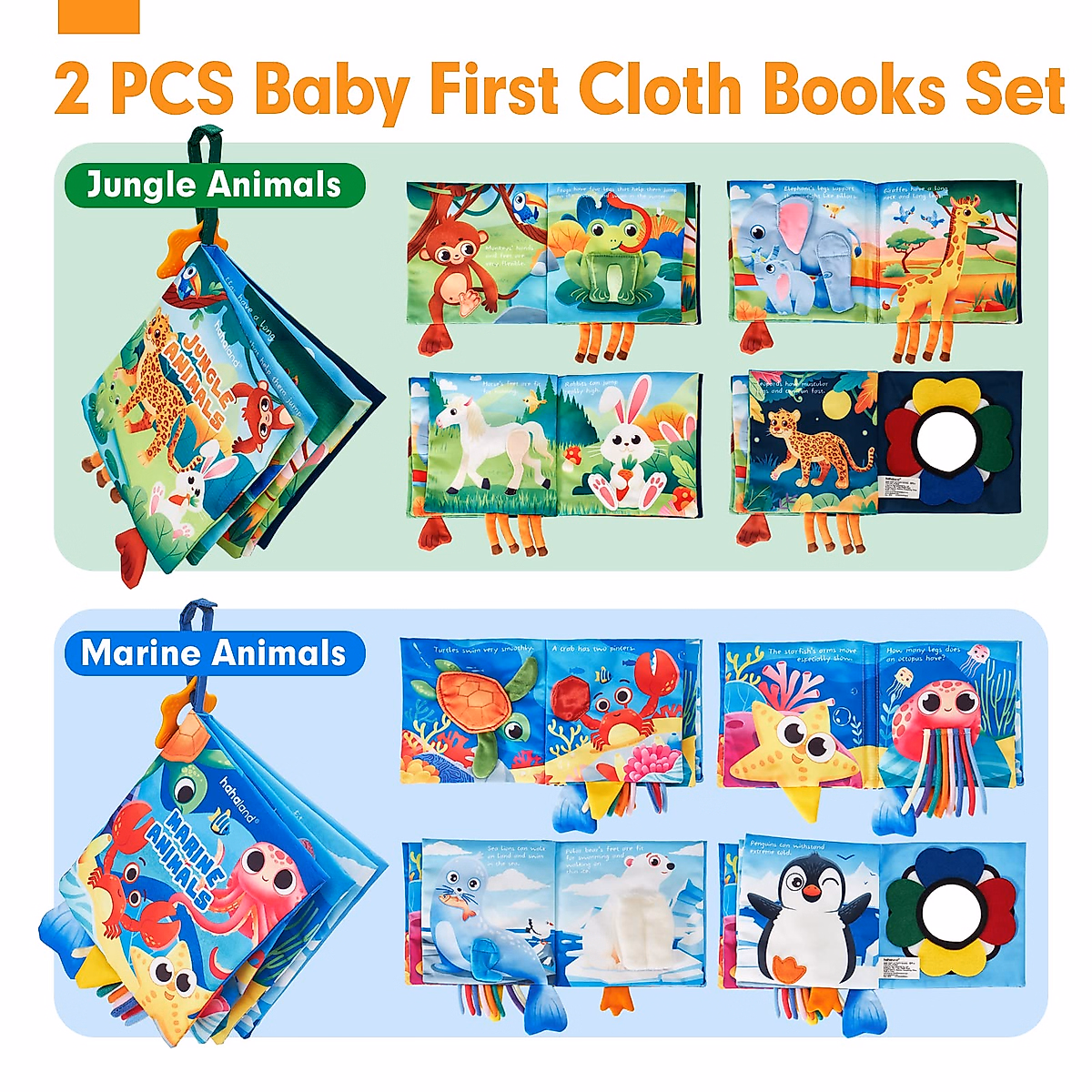 hahaland Baby Books 0-6 Months - 2 PCS Sensory Montessori Toys for Babies 0-6 Months with Crinkle Squeaky Sounds, Mirrors, Teethers - Soft Cloth Tummy Time Book Newborn Infant Toys