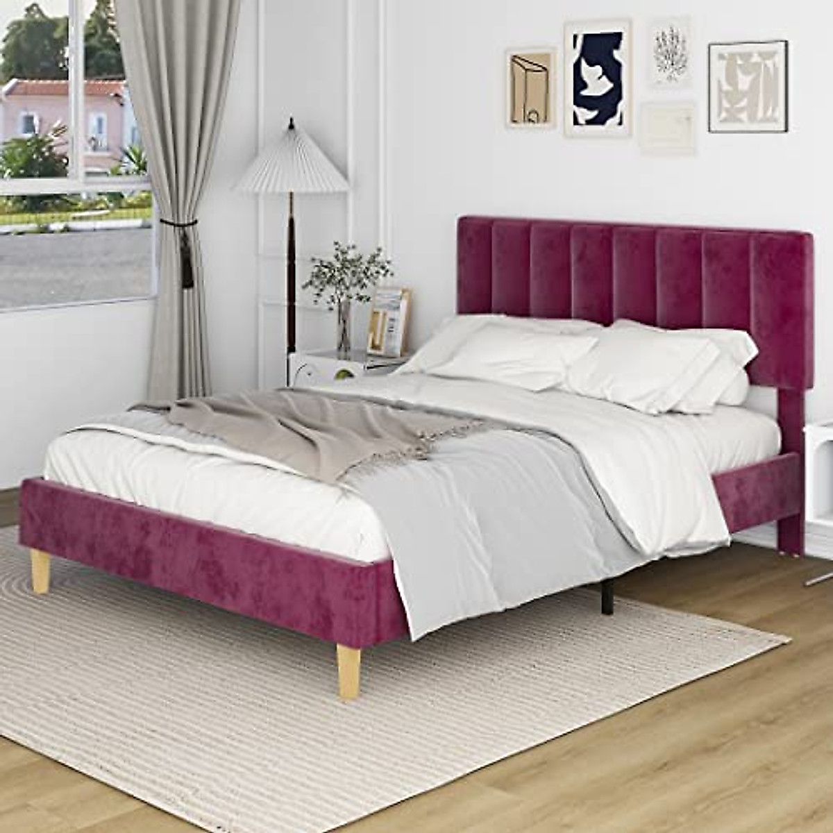 Yegee Full Bed Frame/Velvet Upholstered Platform Beds with Adjustable Headboard/Strong Wooden Slats/Mattress Foundation/Easy Assembly/Wooden Feet/No Box Spring Required(Burgundy, Full)