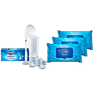 Clorox ToiletWand Disposable Toilet Cleaning System With Storage Caddy and Refill Heads and Clorox Disinfecting Wipes With Moisture Lock Lid Bundle